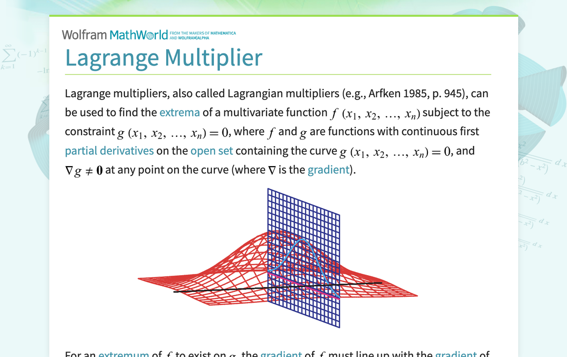 Lagrange Multiplier -- from Wolfram MathWorld Lagrange Multiplier -- from Wolfram MathWorld