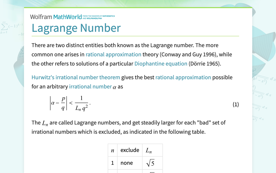 Lagrange Number -- from Wolfram MathWorld Lagrange Number -- from Wolfram MathWorld