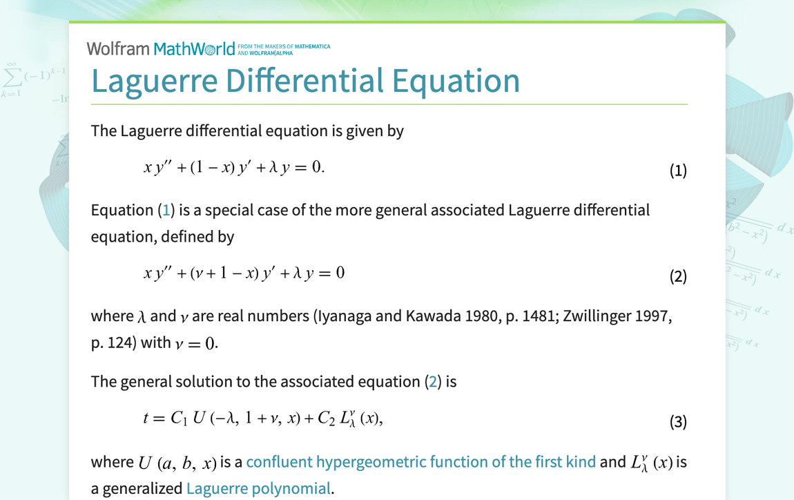 Laguerre Differential Equation -- from Wolfram MathWorld