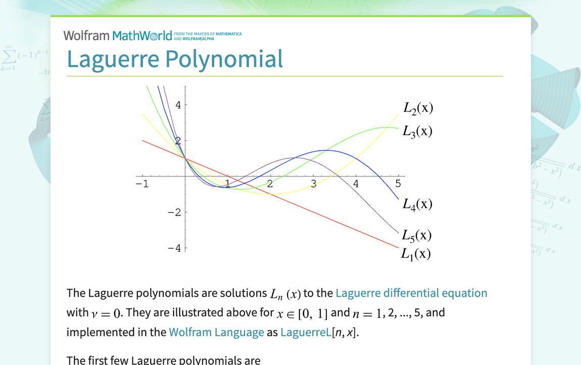 Laguerre Polynomial -- from Wolfram MathWorld