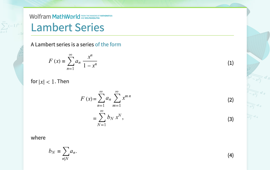 Lambert Series -- from Wolfram MathWorld