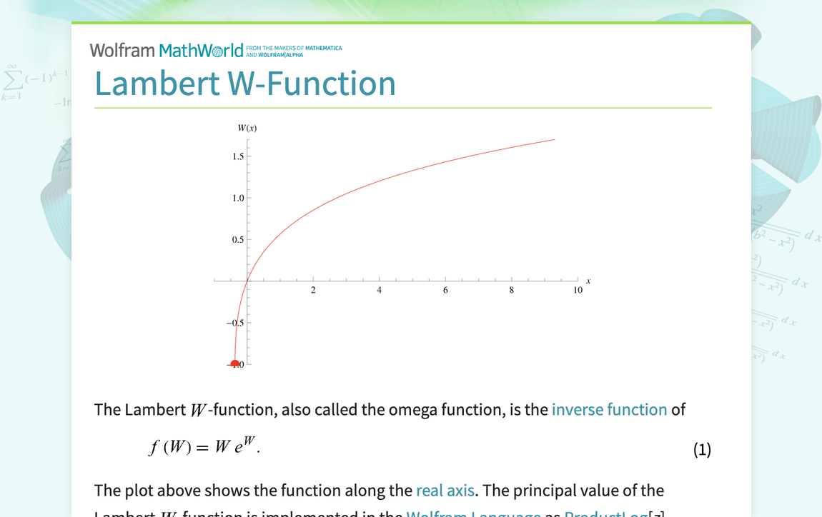 Lambert W Function From Wolfram Mathworld