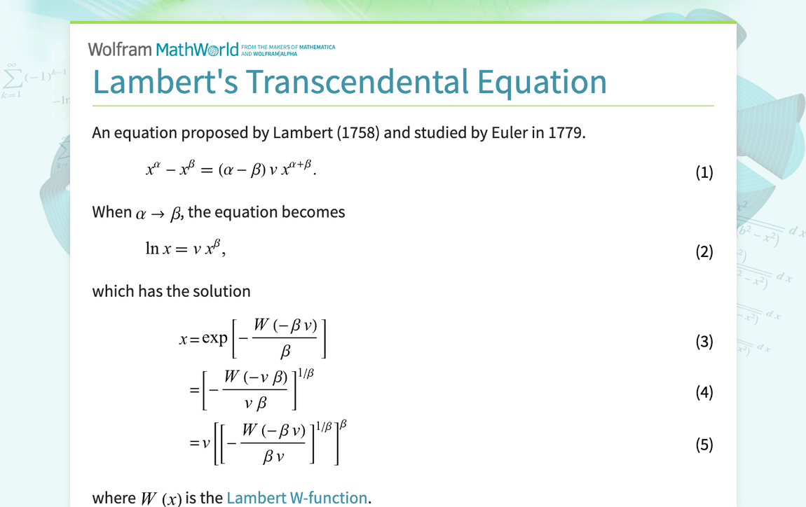 Lambert's Transcendental Equation -- from Wolfram MathWorld