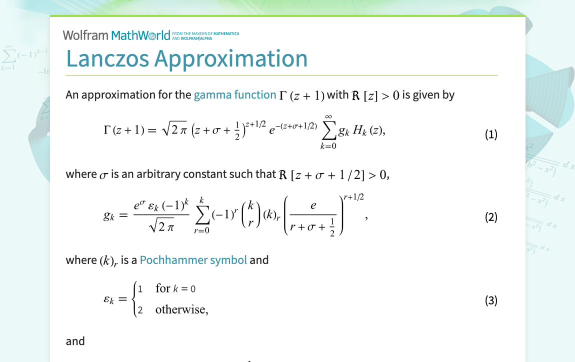 Lanczos Approximation -- from Wolfram MathWorld
