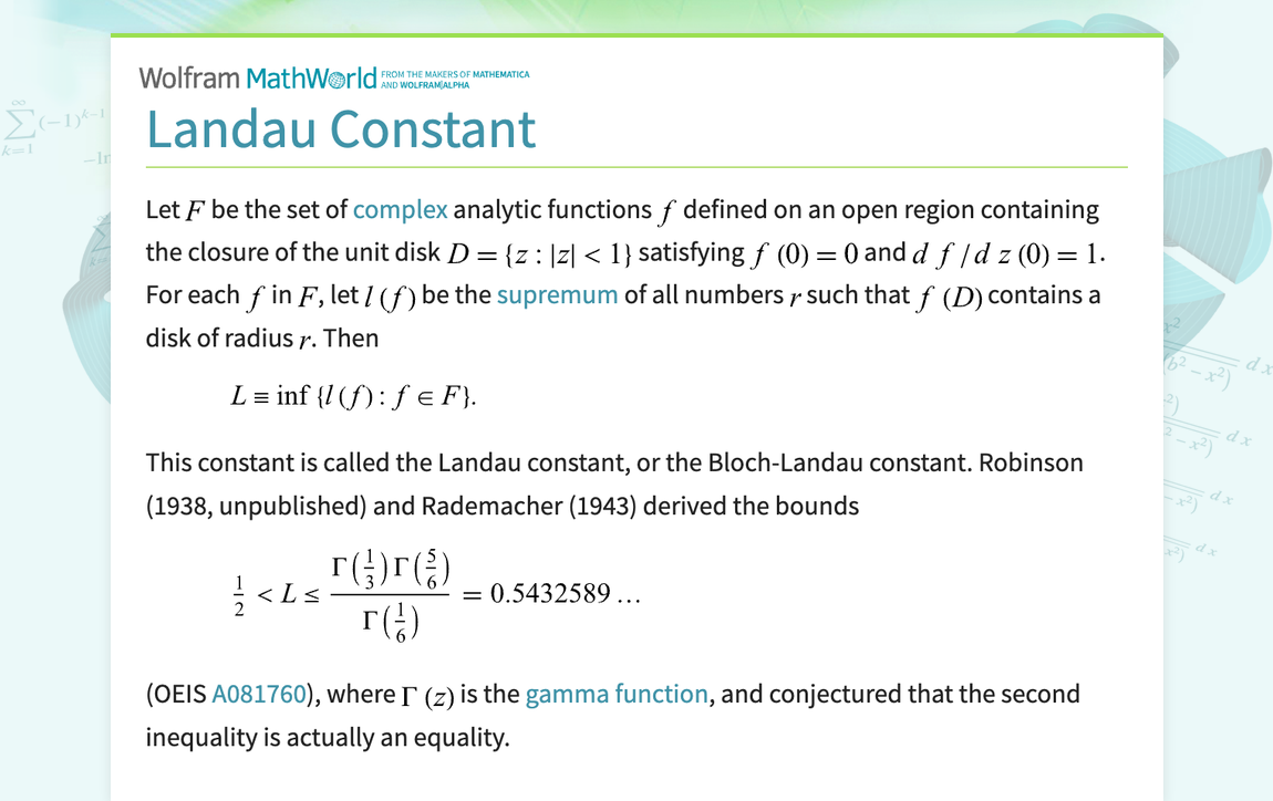Landau Constant -- from Wolfram MathWorld