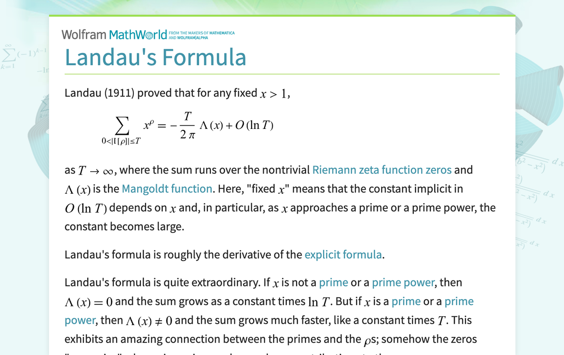 Landau's Formula -- from Wolfram MathWorld