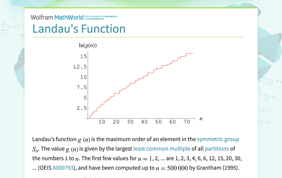 Landau's Function -- from Wolfram MathWorld