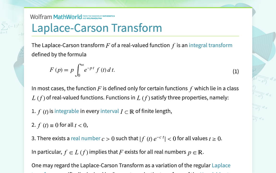 Laplace-Carson Transform -- from Wolfram MathWorld