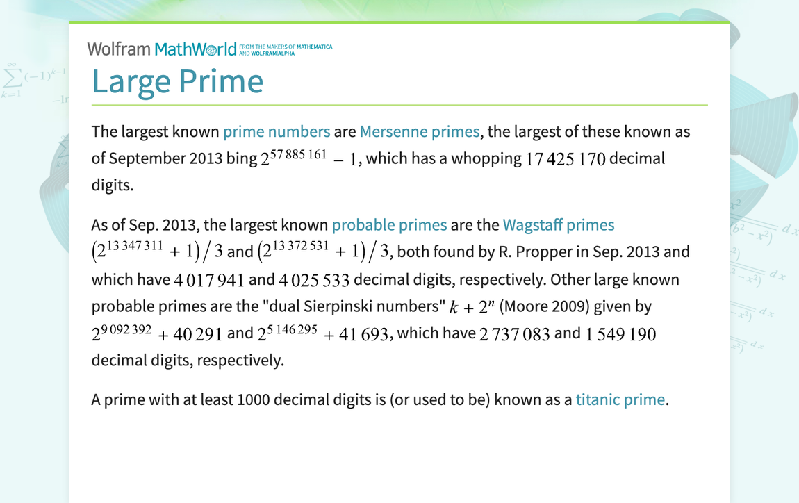 Large Prime -- from Wolfram MathWorld