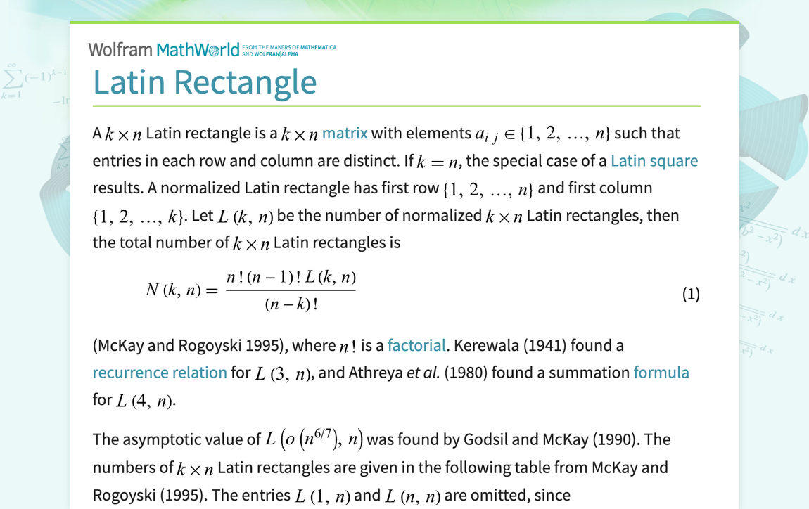 Latin Rectangle -- from Wolfram MathWorld