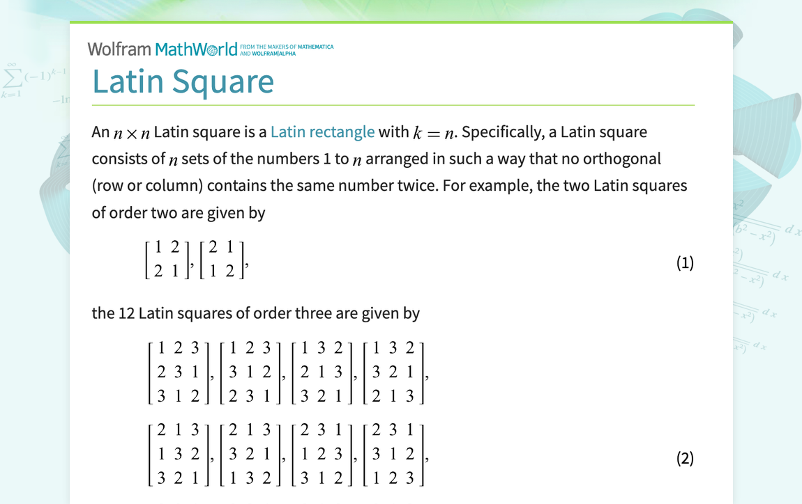Latin Square -- from Wolfram MathWorld