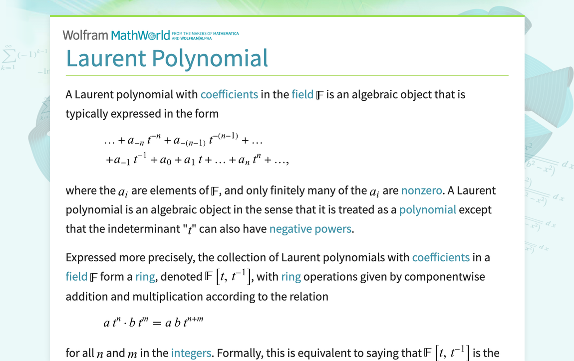 Laurent Polynomial -- from Wolfram MathWorld