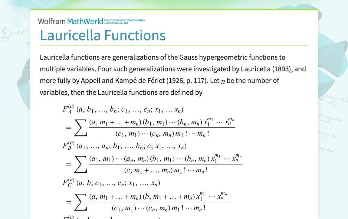 Lauricella Functions -- from Wolfram MathWorld