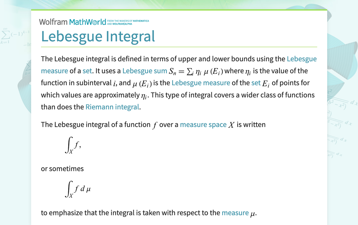 Lebesgue Integral -- from Wolfram MathWorld