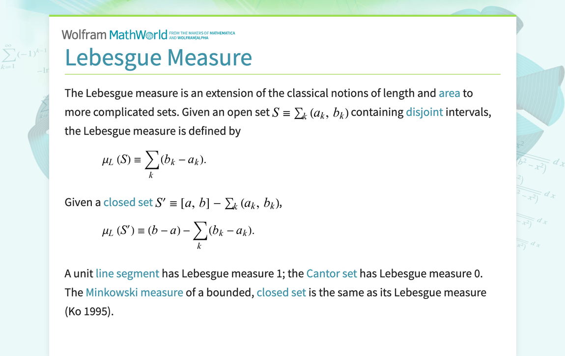 Lebesgue Measure -- from Wolfram MathWorld