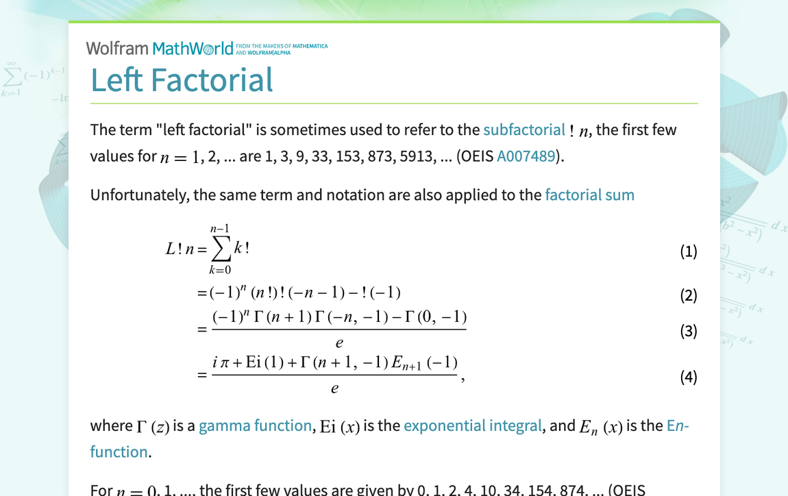 Left Factorial -- from Wolfram MathWorld