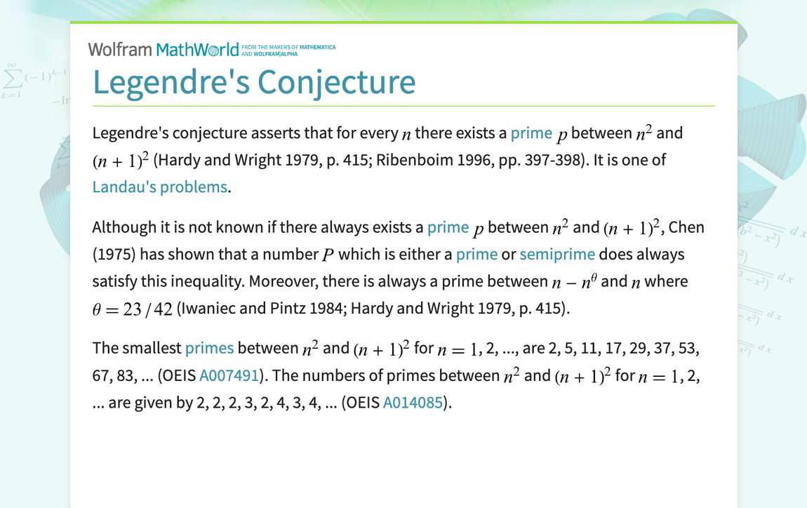 Legendre's Conjecture -- from Wolfram MathWorld