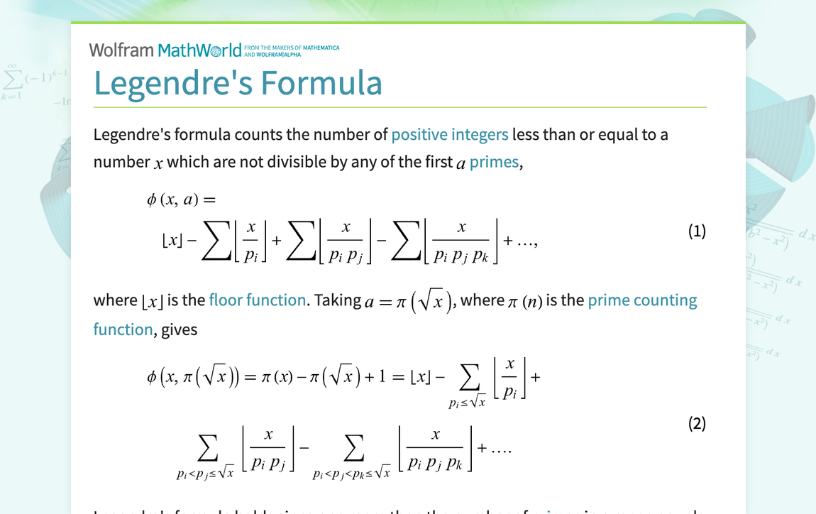 Legendre's Formula -- from Wolfram MathWorld