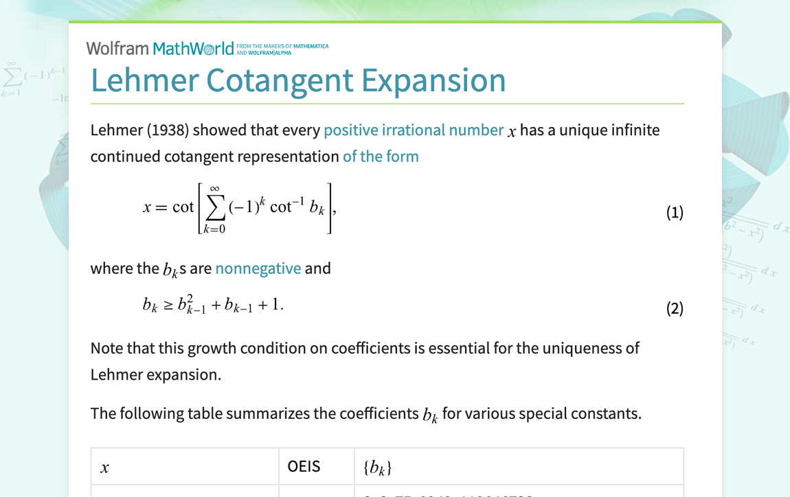 Lehmer Cotangent Expansion -- from Wolfram MathWorld