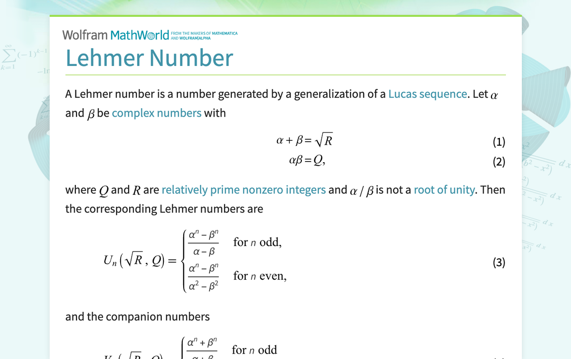 Lehmer Number -- from Wolfram MathWorld