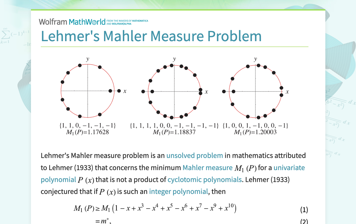 Lehmer's Mahler Measure Problem -- from Wolfram MathWorld