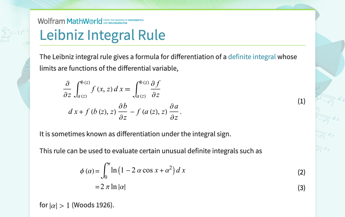 Leibniz Integral Rule -- from Wolfram MathWorld Leibniz Integral Rule -- from Wolfram MathWorld
