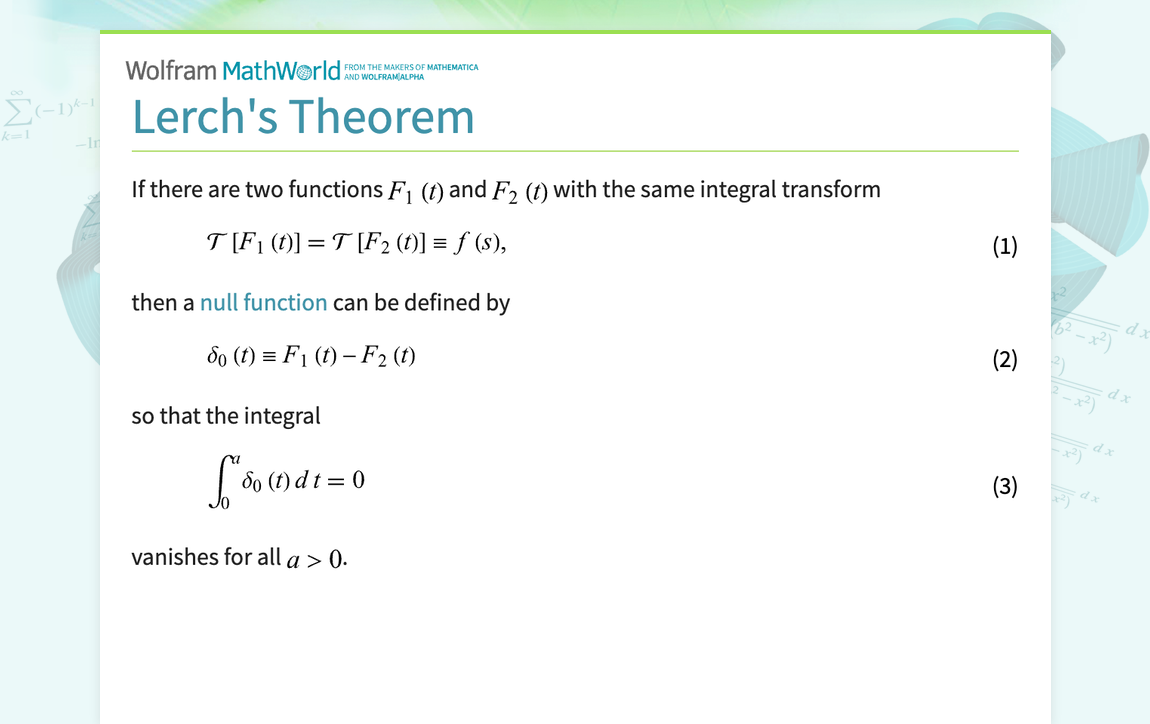 Lerch's Theorem -- from Wolfram MathWorld