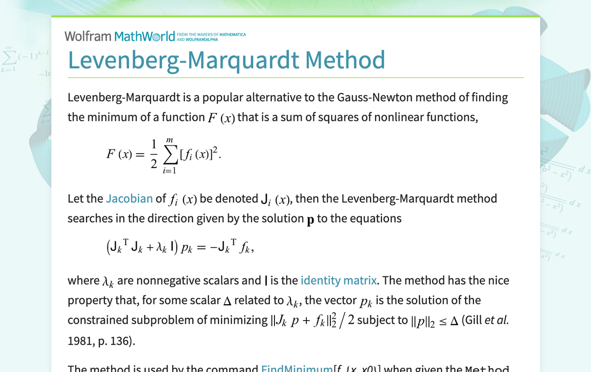 Levenberg-Marquardt Method -- from Wolfram MathWorld Levenberg-Marquardt Method -- from Wolfram MathWorld