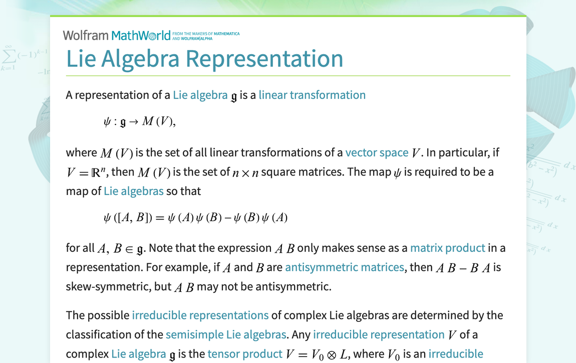 Lie Algebra Representation From Wolfram Mathworld