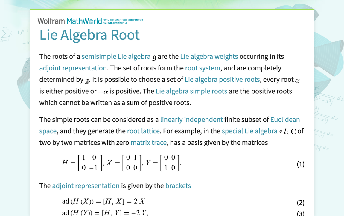 Lie Algebra Root -- from Wolfram MathWorld