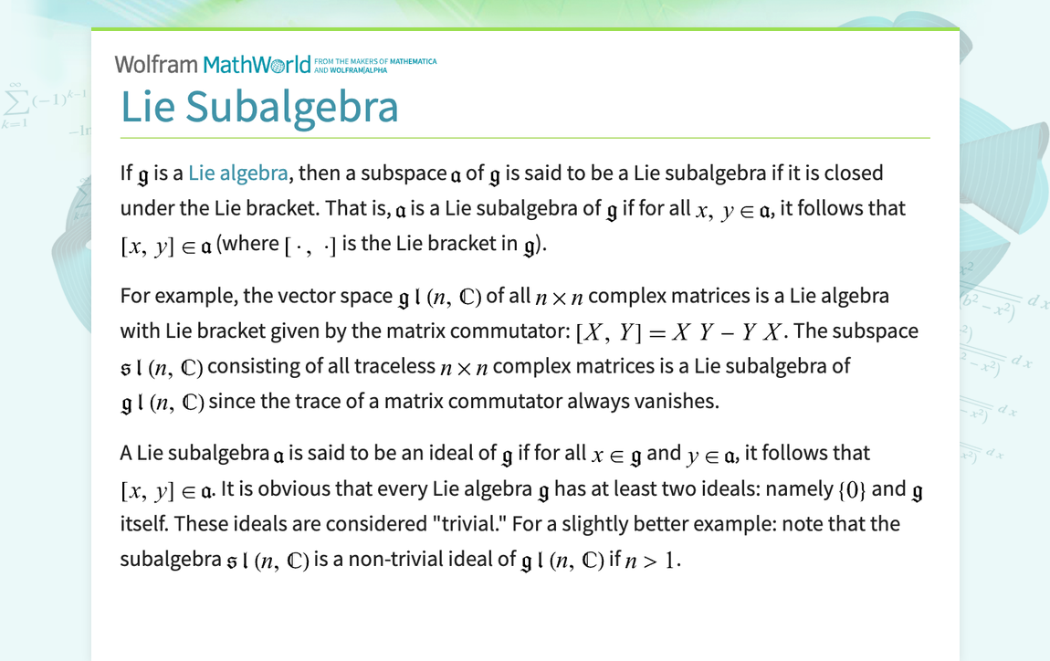 Lie Subalgebra From Wolfram Mathworld 