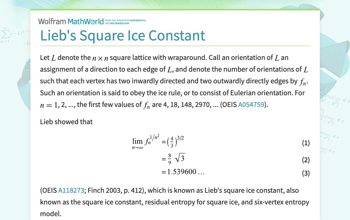 Lieb's Square Ice Constant -- from Wolfram MathWorld