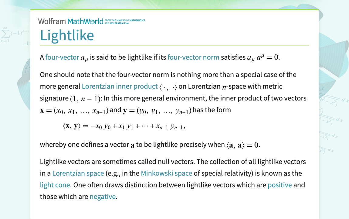 Lightlike -- from Wolfram MathWorld