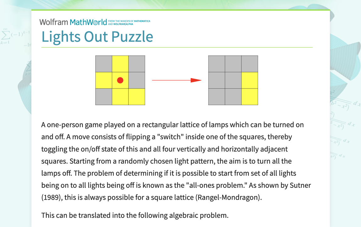 Lights Out Puzzle -- from Wolfram MathWorld