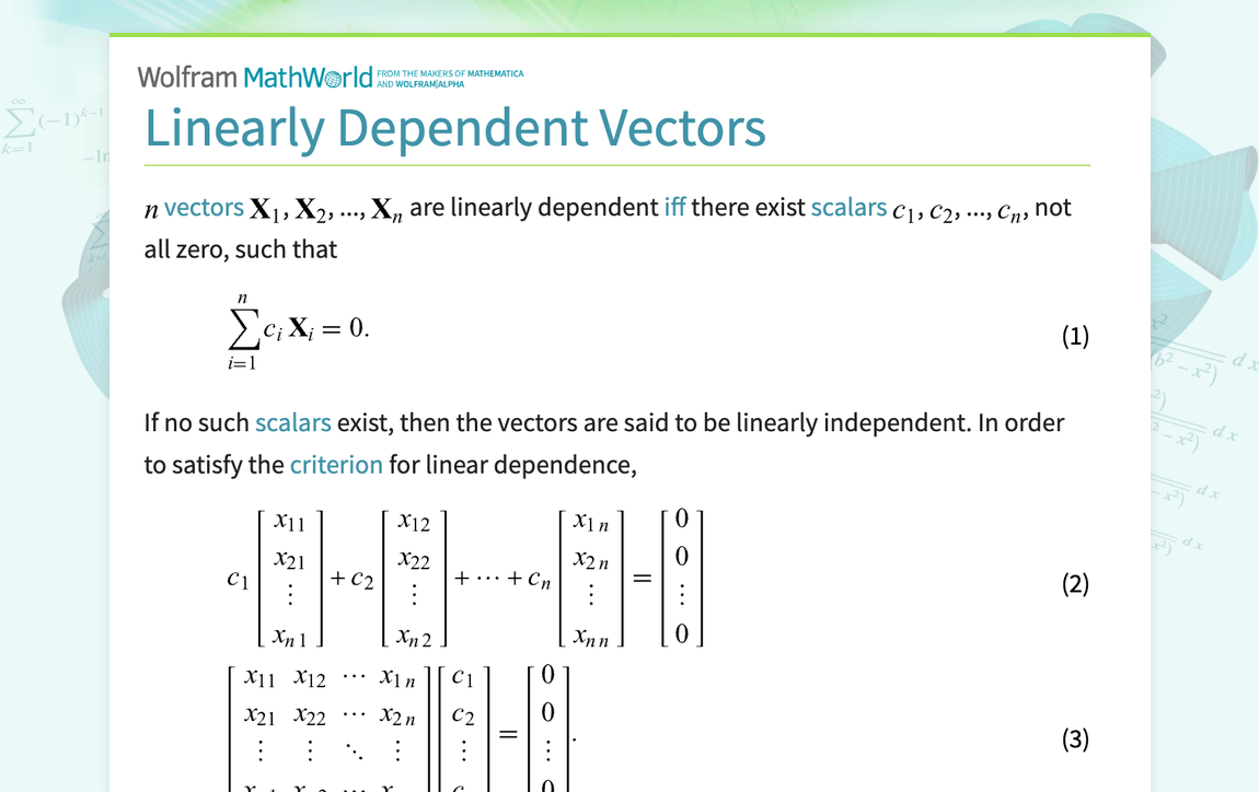 Linearly Dependent Vectors -- from Wolfram MathWorld
