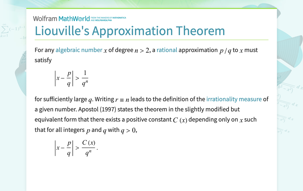 Liouville's Approximation Theorem -- from Wolfram MathWorld