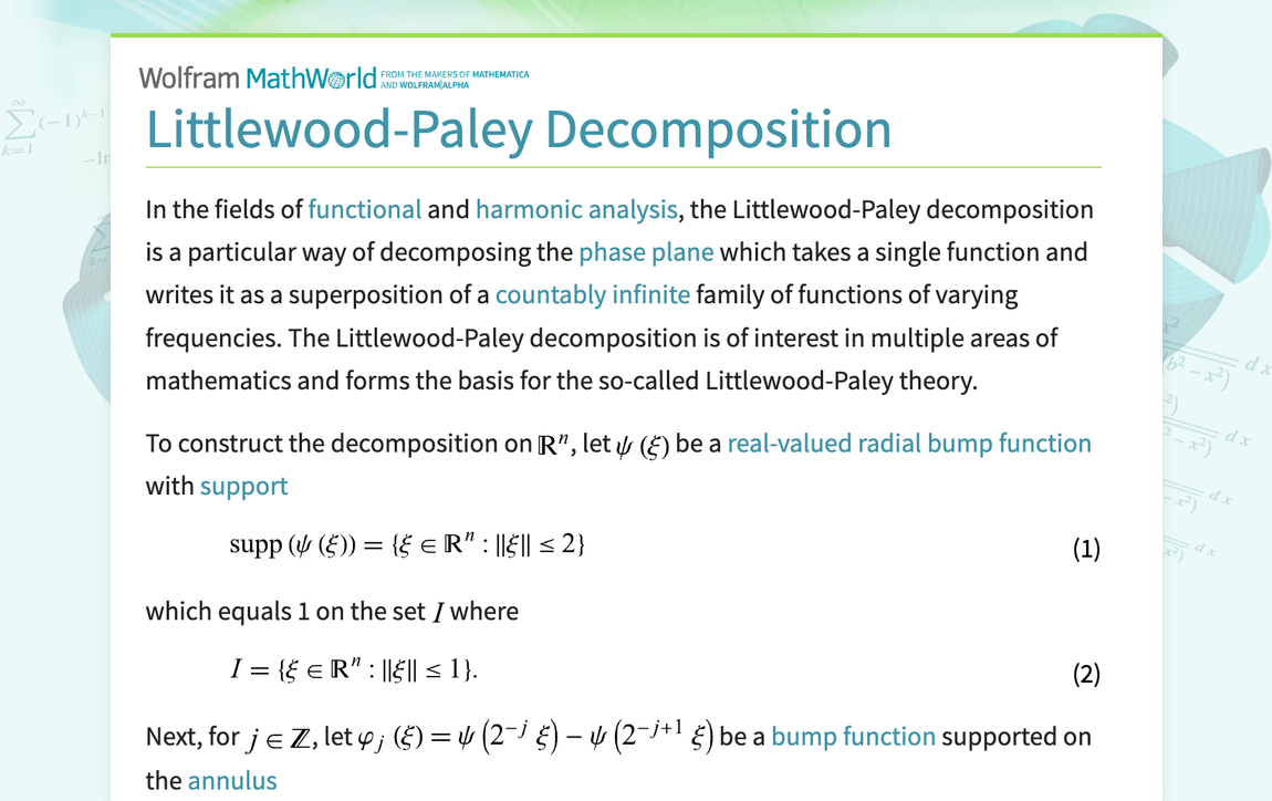 Littlewood-Paley Decomposition -- from Wolfram MathWorld