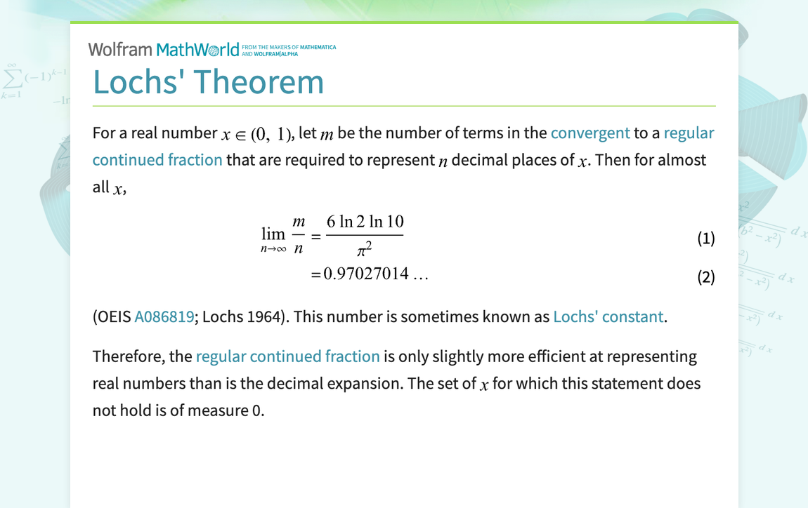Lochs' Theorem -- from Wolfram MathWorld