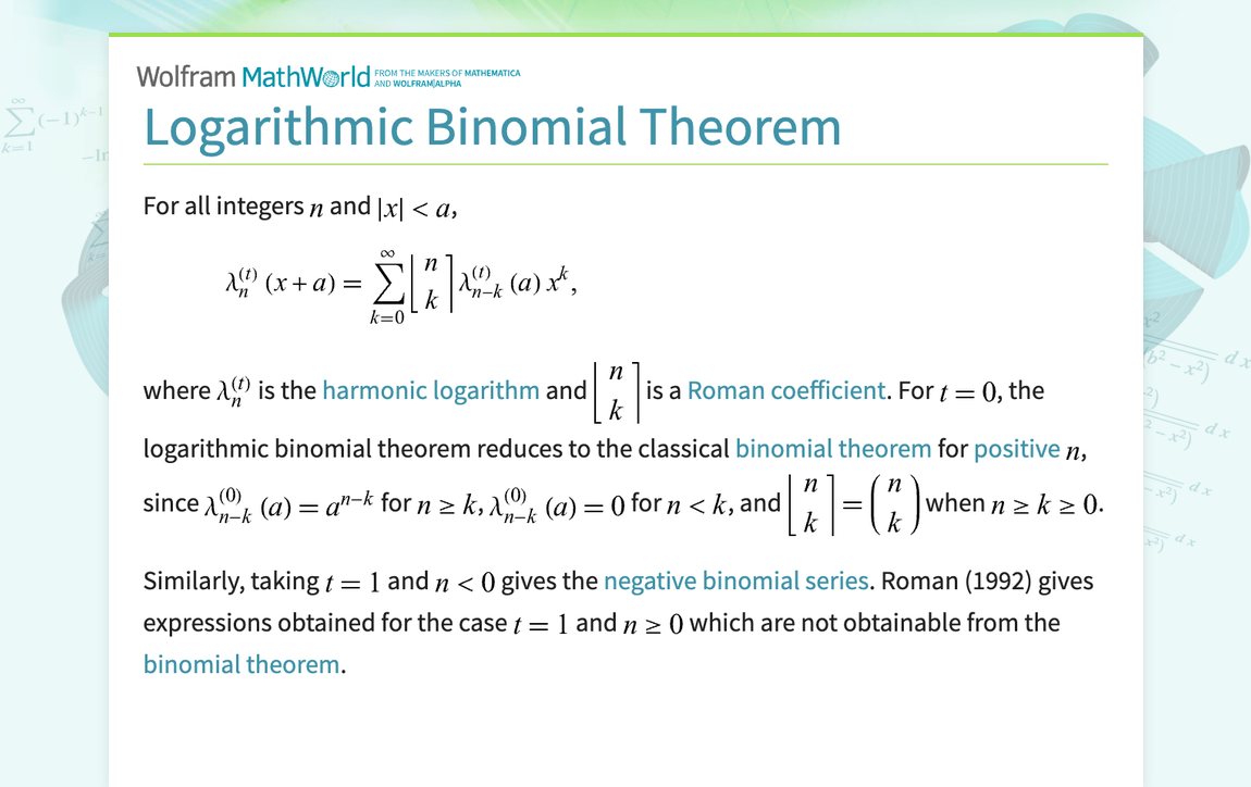 Logarithmic Binomial Theorem -- from Wolfram MathWorld Logarithmic Binomial Theorem -- from Wolfram MathWorld