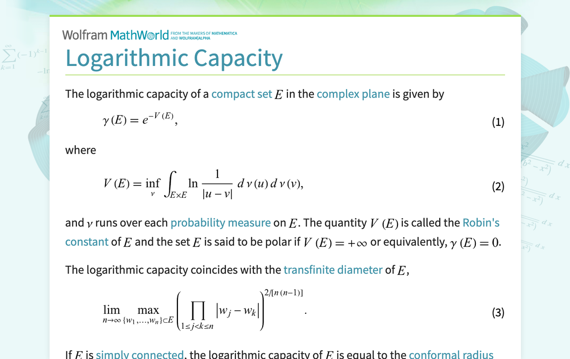Logarithmic Capacity -- from Wolfram MathWorld