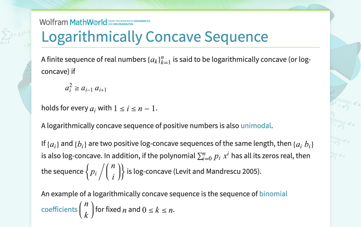 Logarithmically Concave Sequence -- from Wolfram MathWorld