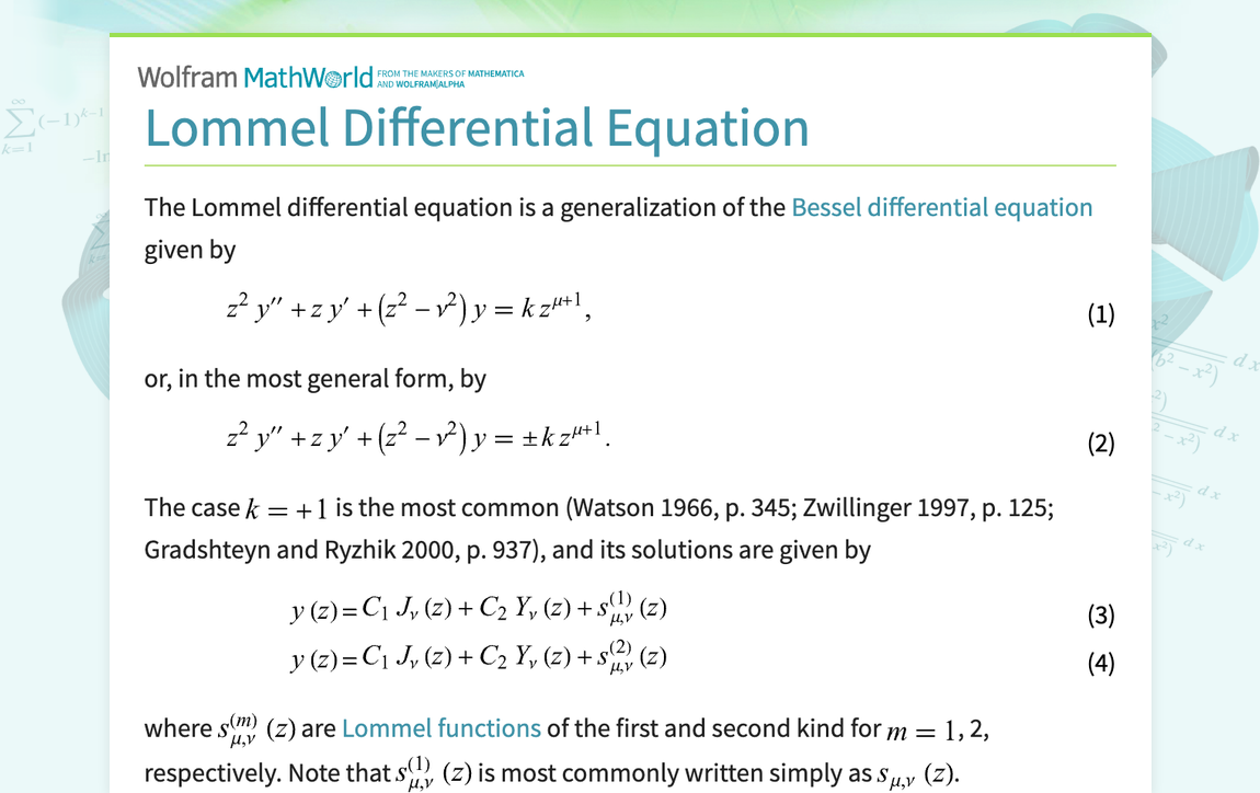 Lommel Differential Equation -- from Wolfram MathWorld