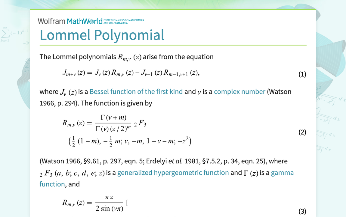 Lommel Polynomial -- from Wolfram MathWorld
