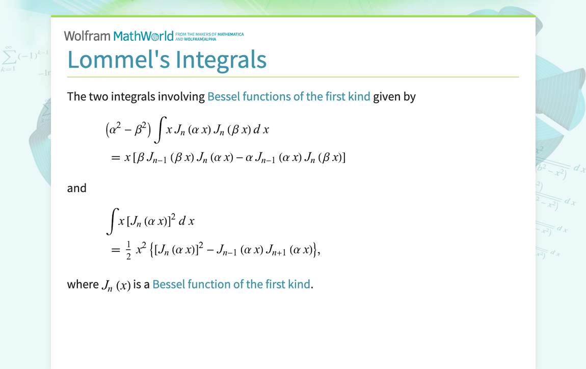 Lommel's Integrals -- from Wolfram MathWorld