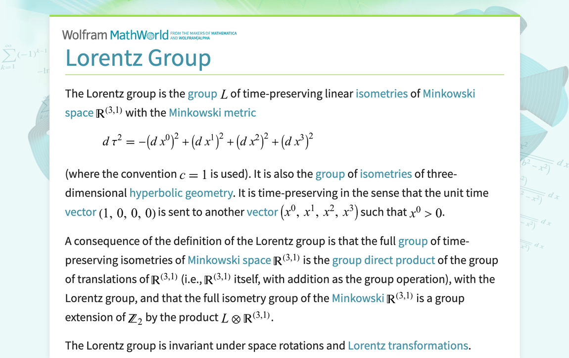 Lorentz Group -- from Wolfram MathWorld