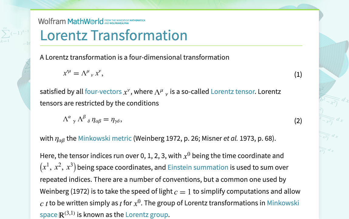 Lorentz Transformation -- from Wolfram MathWorld