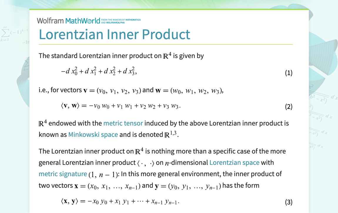 Lorentzian Inner Product -- from Wolfram MathWorld