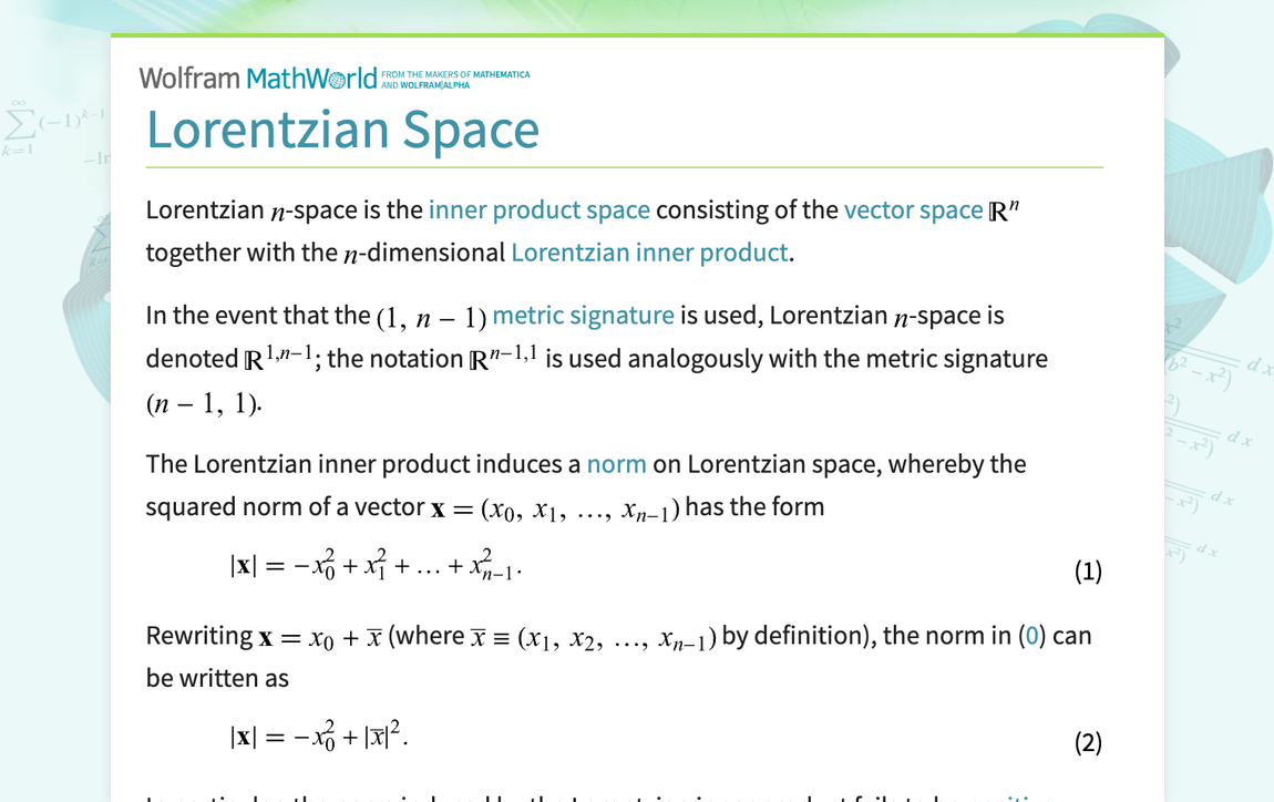 Lorentzian Space -- from Wolfram MathWorld