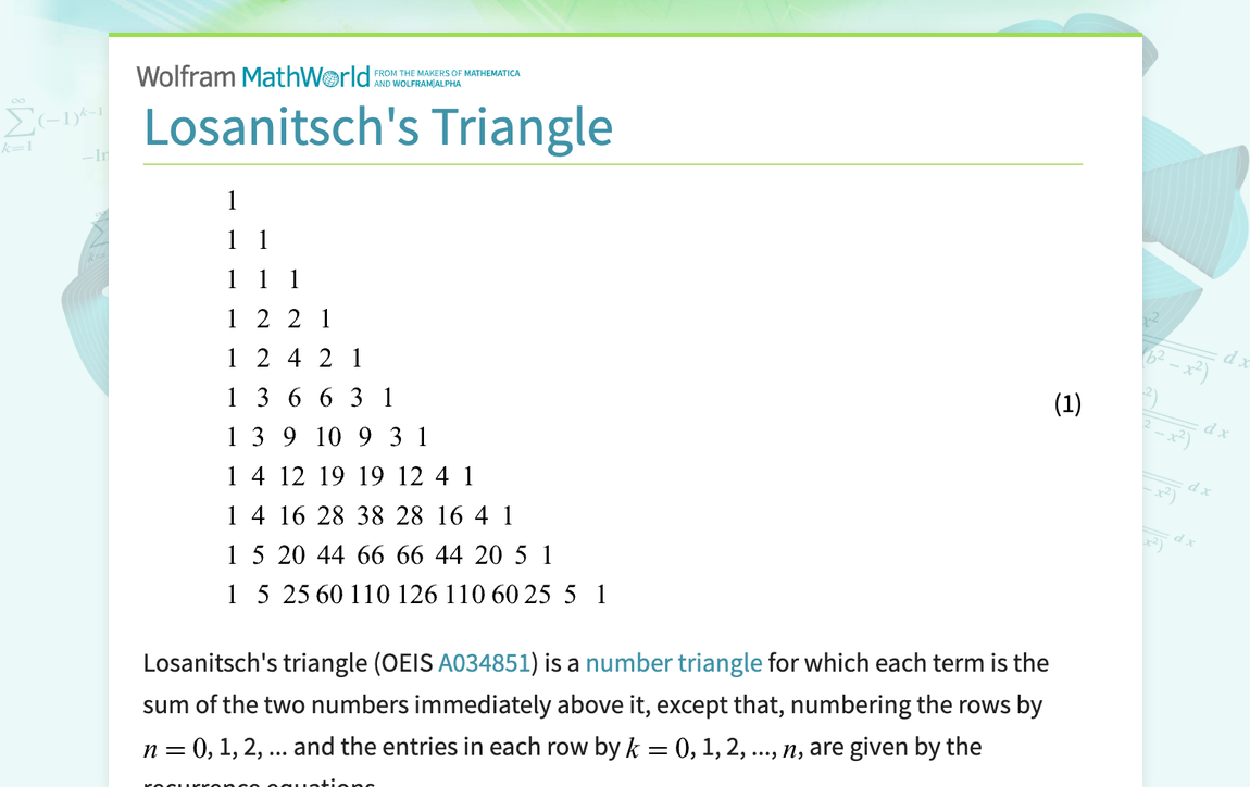 Losanitsch's Triangle -- from Wolfram MathWorld