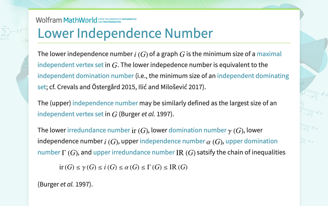 Lower Independence Number -- from Wolfram MathWorld